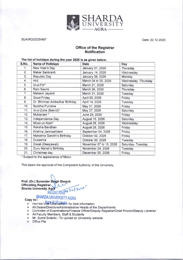 Academic Calendar - Sharda University Agra Agra