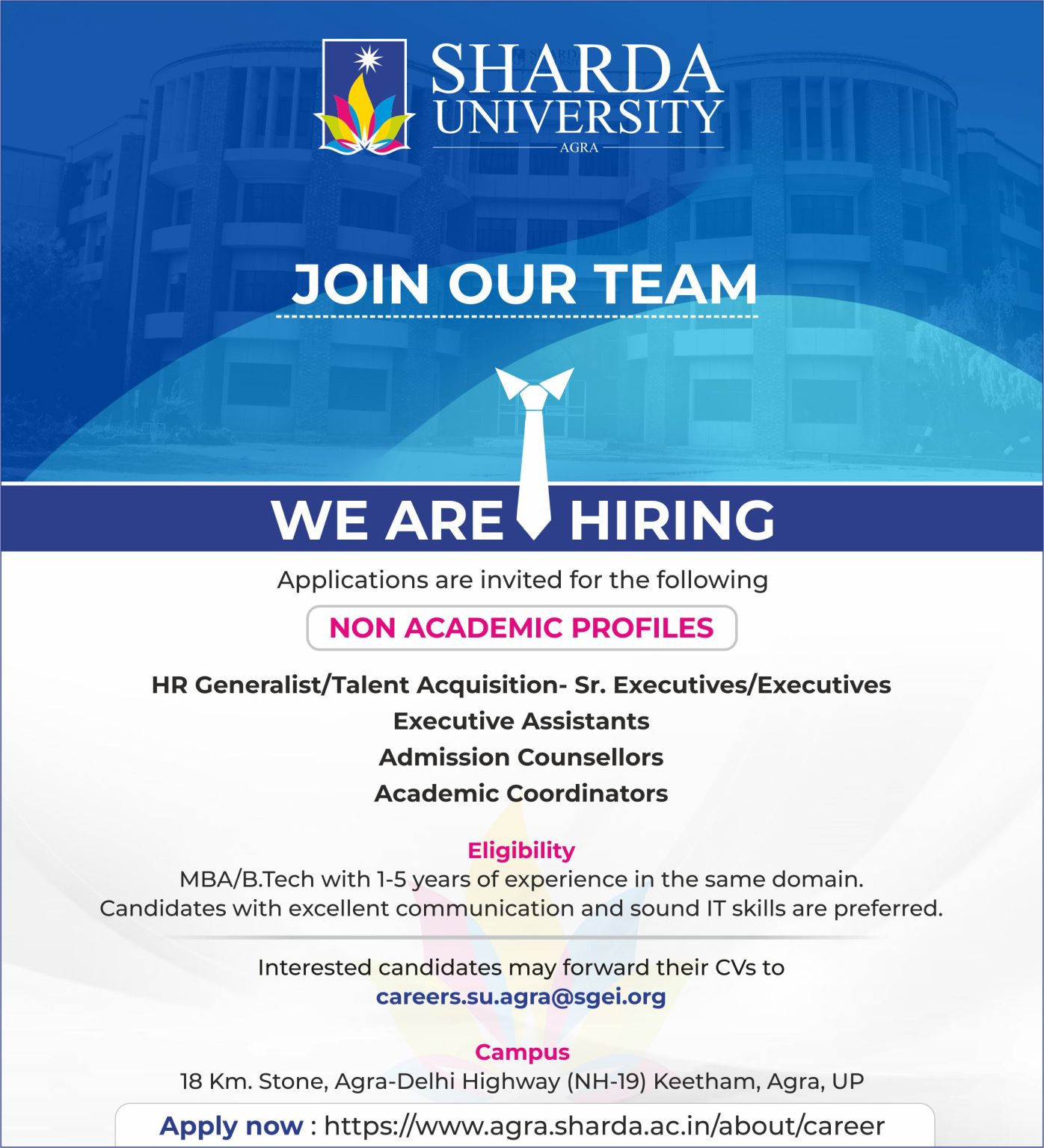 Career- Current Job Openings at Sharda Univesity Agra